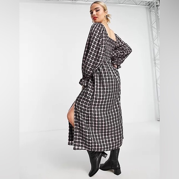 River Island | Dresses | Asos River Island Shirred Smocked Square Neck Check Midi Dress In Pink ...